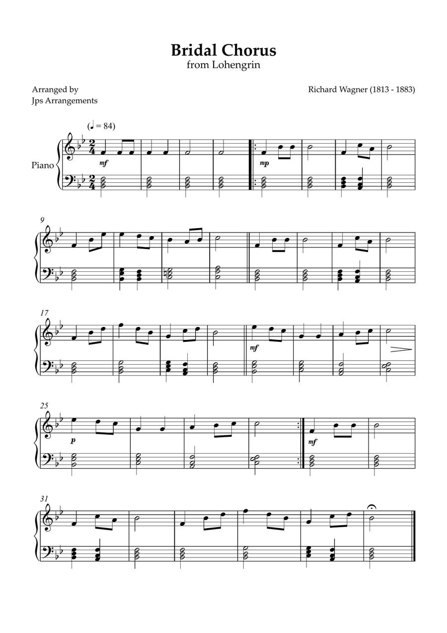 Bridal Chorus For Piano In Bb Major By Richard Wagner Easy Piano