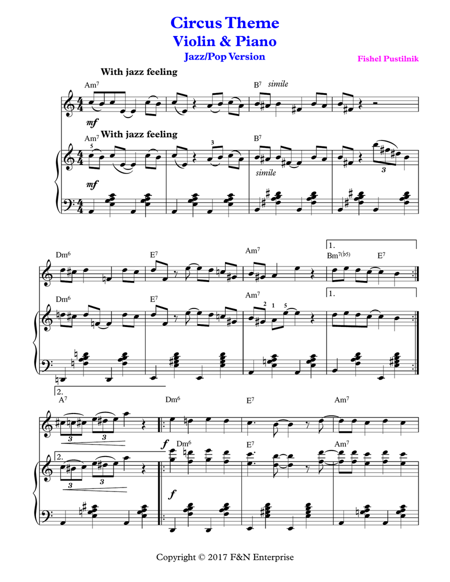 "Circus Theme" With Improvisation for Violin and Piano by Fishel ...