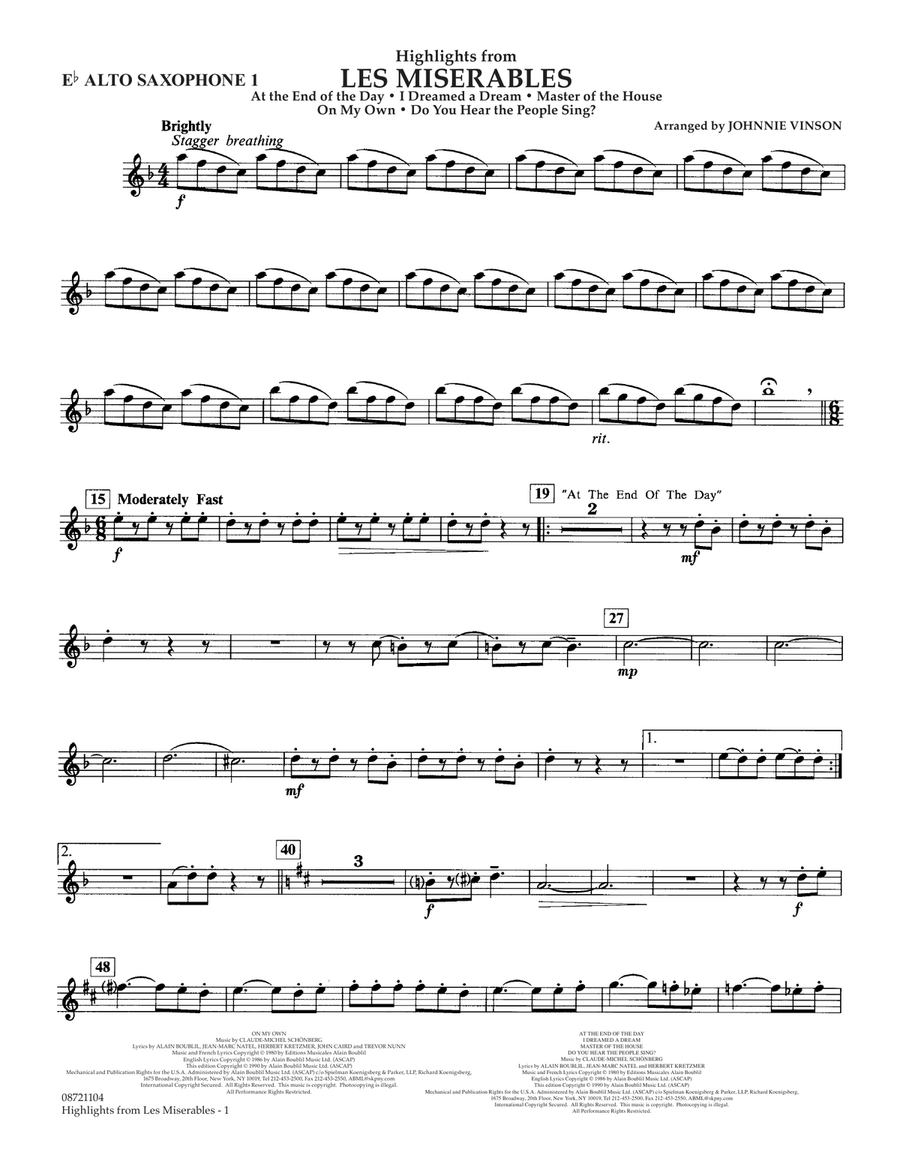 Highlights From Les Misérables Arr Johnnie Vinson Eb Alto Sax 1 By