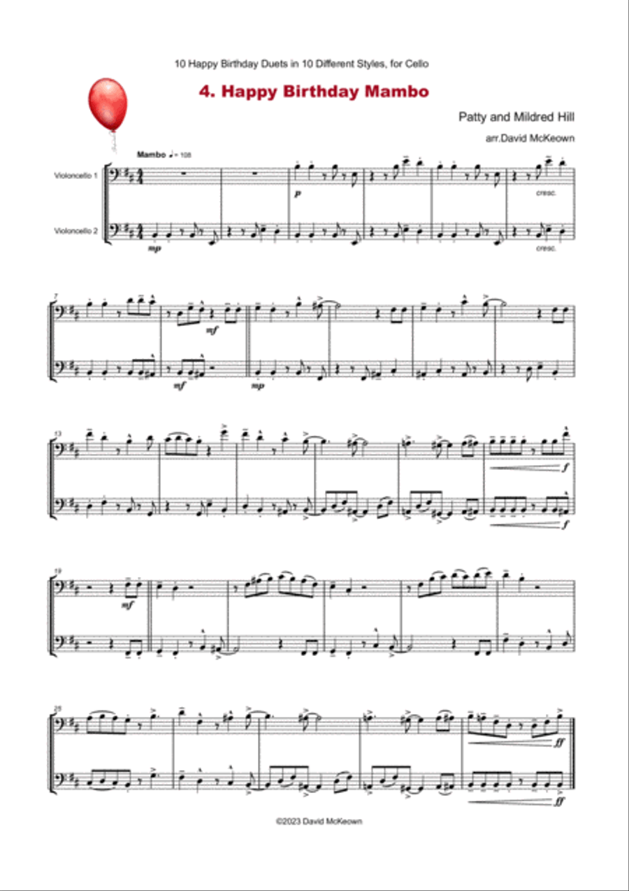 10 Happy Birthday Duets In 10 Different Styles For Cello By David