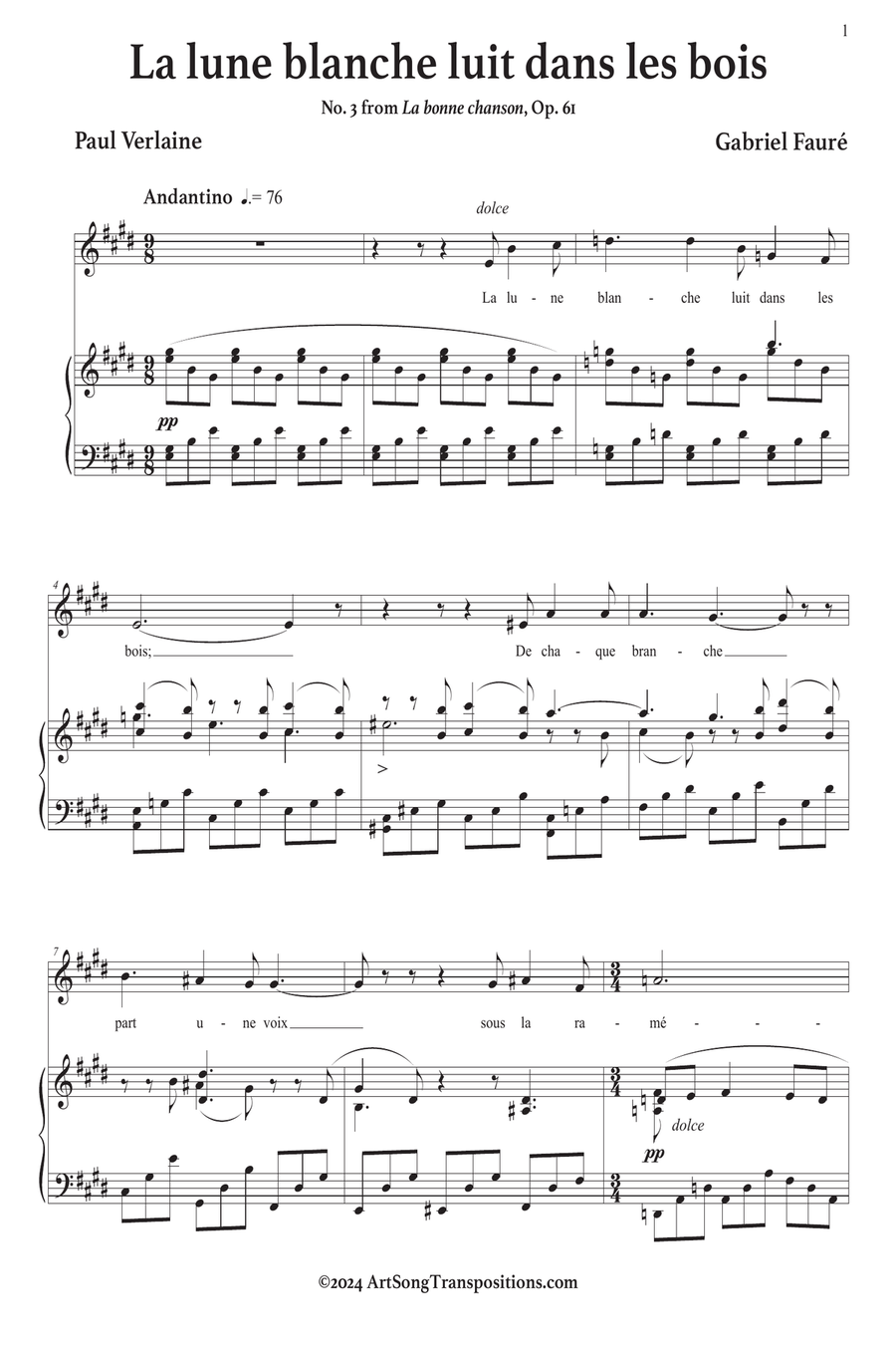 FaurÉ La Lune Blanche Luit Dans Les Bois Op 61 No 3 Transposed To