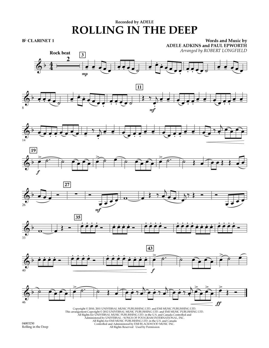 Rolling in the Deep - Bb Clarinet 1 by Adele - B-Flat Clarinet, Concert ...
