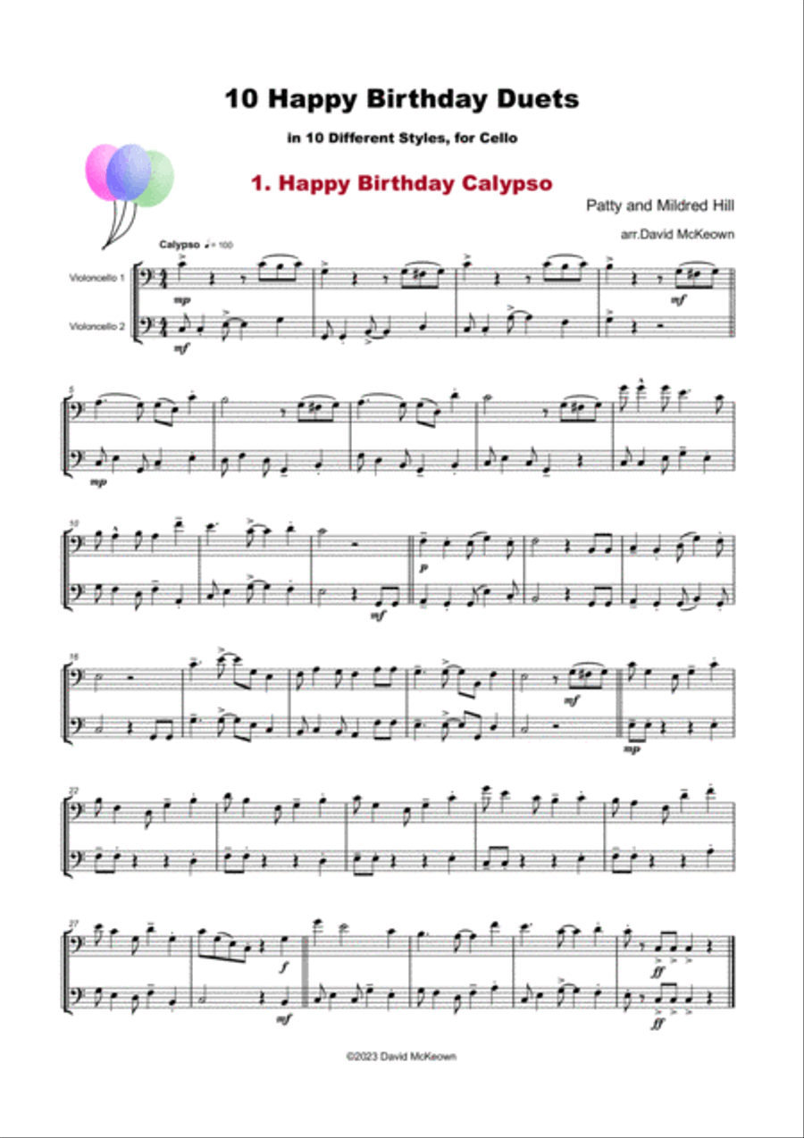 10 Happy Birthday Duets In 10 Different Styles For Cello By David