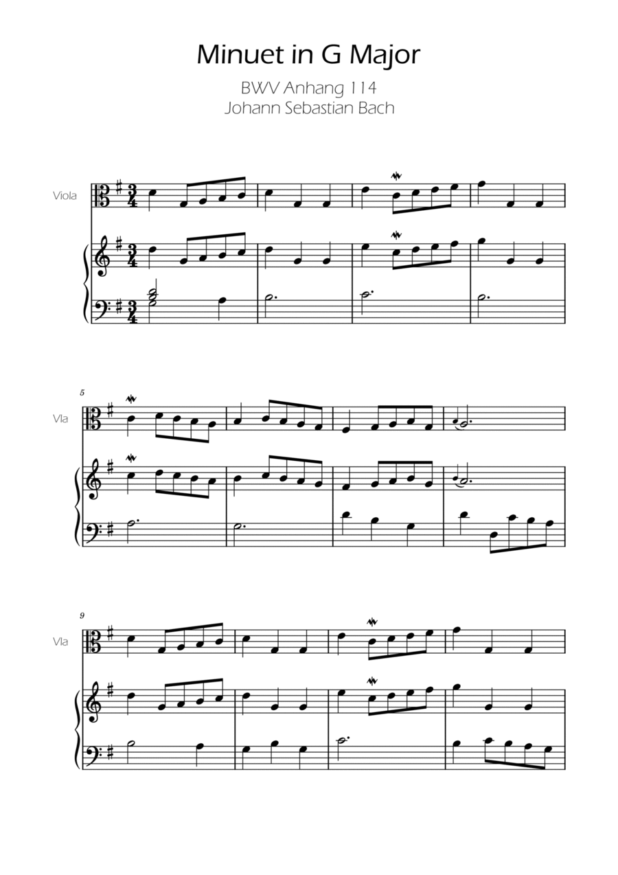 Minuet In G Major Bwv Anh 114 Bach Viola By Johann Sebastian Bach
