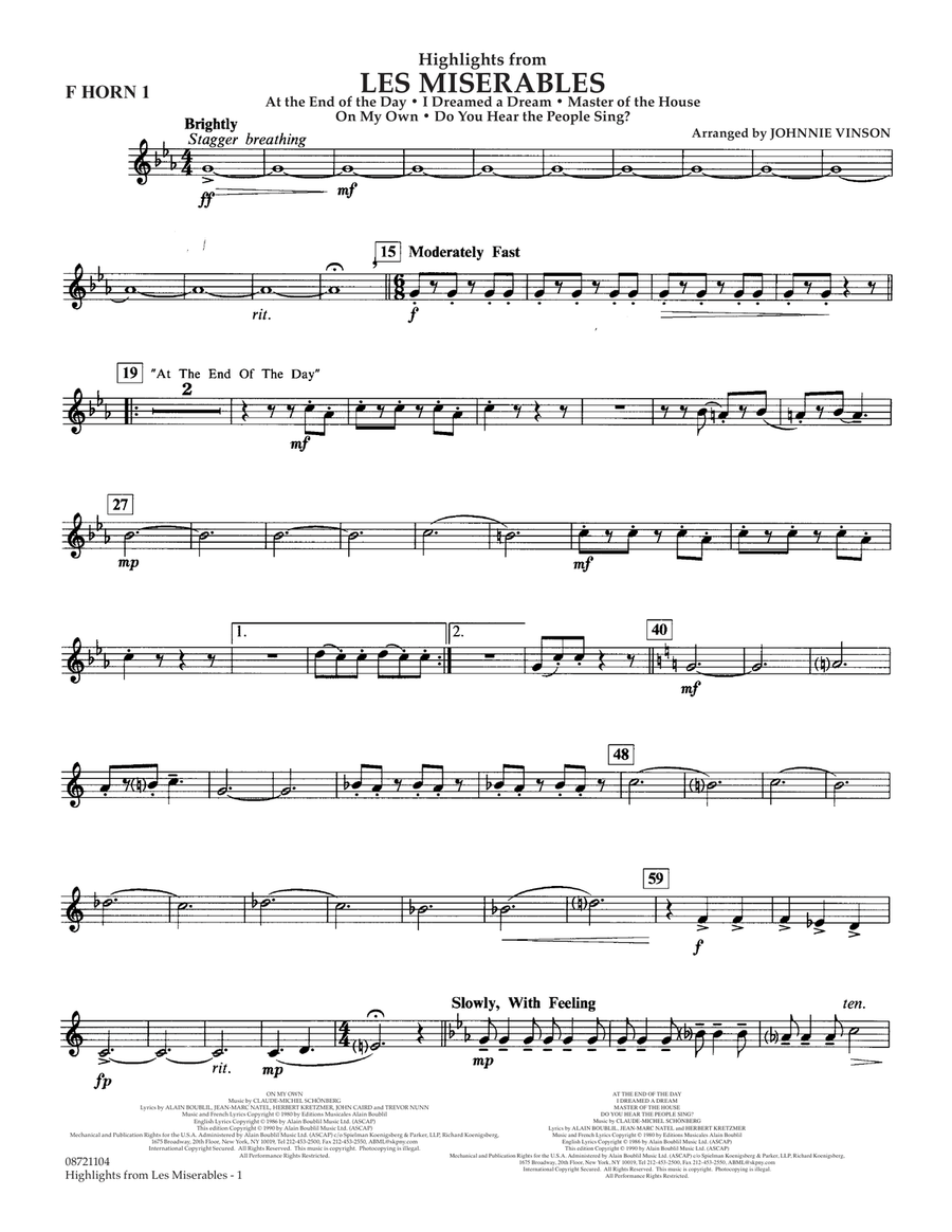 Highlights From Les Misérables Arr Johnnie Vinson F Horn 1 By