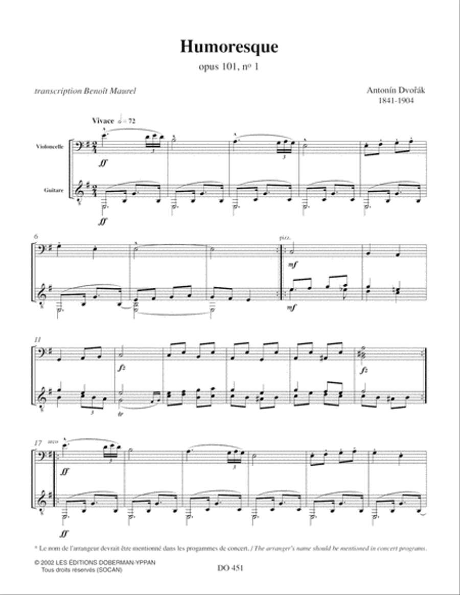 Humoresques op. 101, nos 1, 7, 8 (cello / guit.) by Antonin Dvorak ...