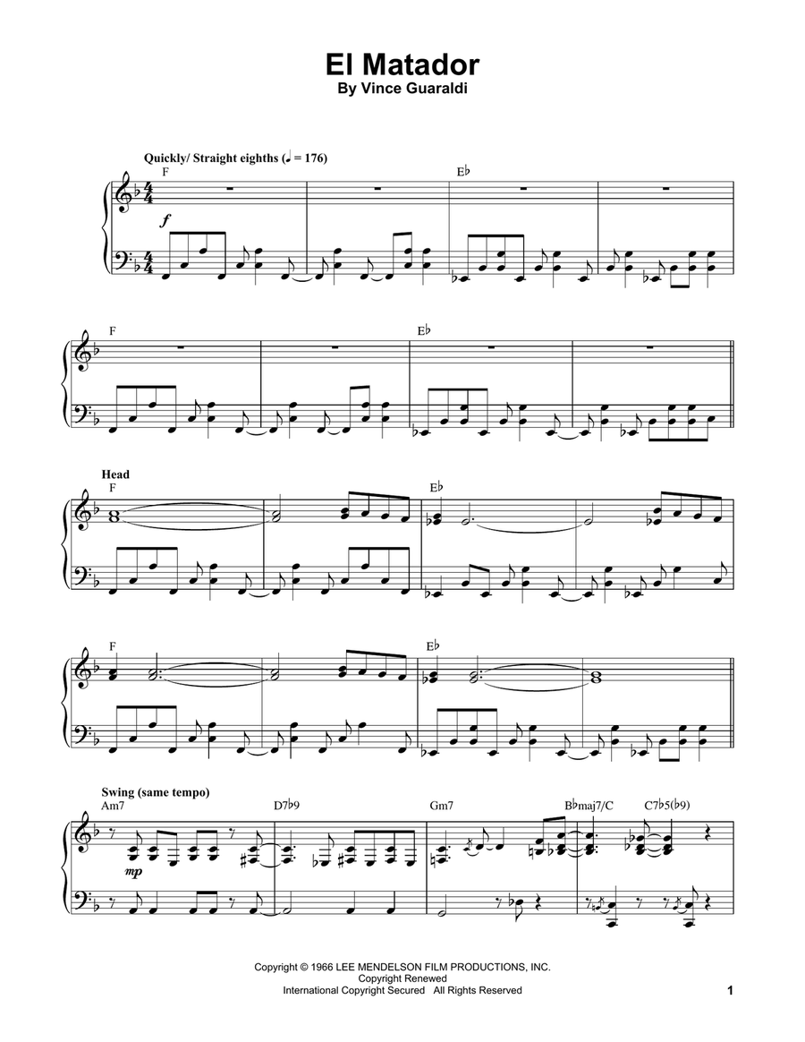 El Matador by Vince Guaraldi - Piano - Digital Sheet Music | Sheet ...
