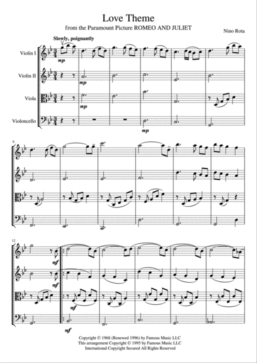 Romeo And Juliet (love Theme) by Henry Mancini - String Quartet ...