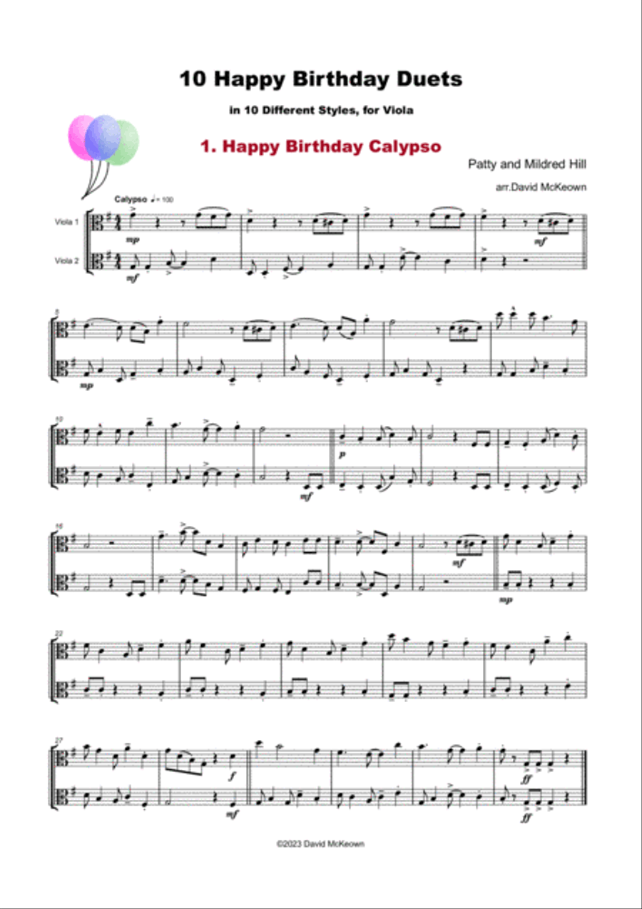 10 Happy Birthday Duets In 10 Different Styles For Viola By David