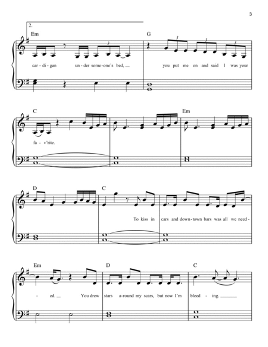 Cardigan By Taylor Swift Easy Piano Digital Sheet Music Sheet