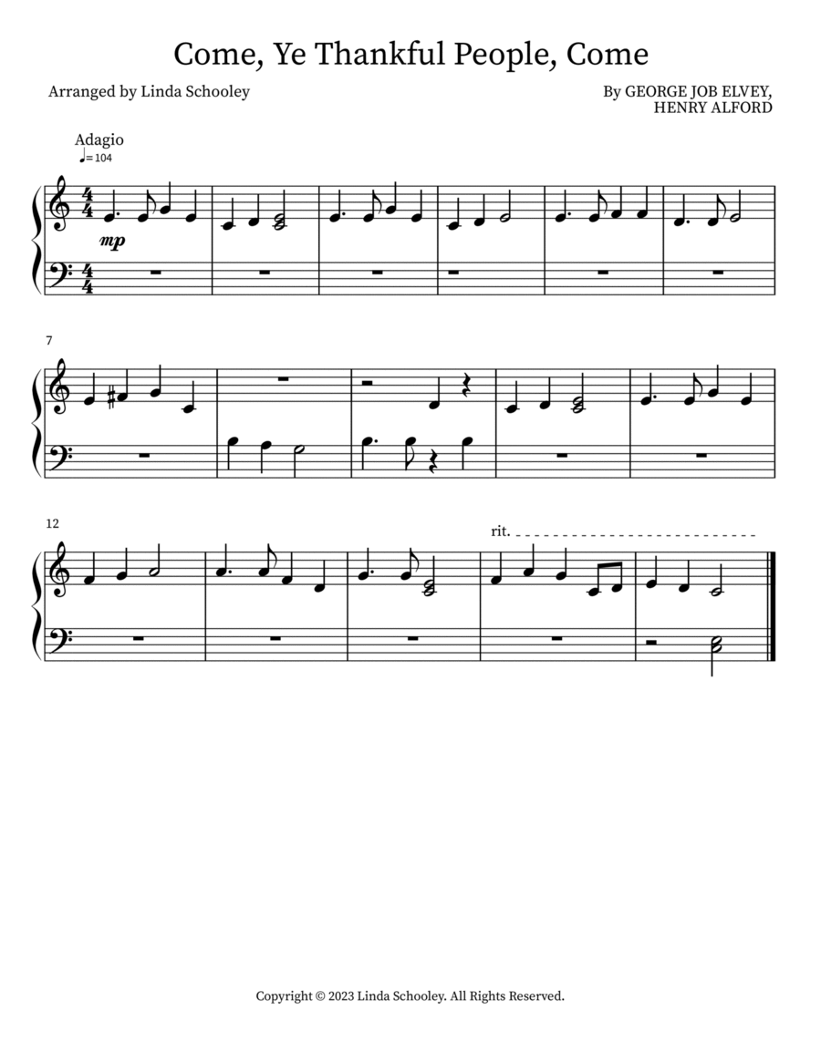 Come, Ye Thankful People, Come by George Job Elvey - Easy Piano ...