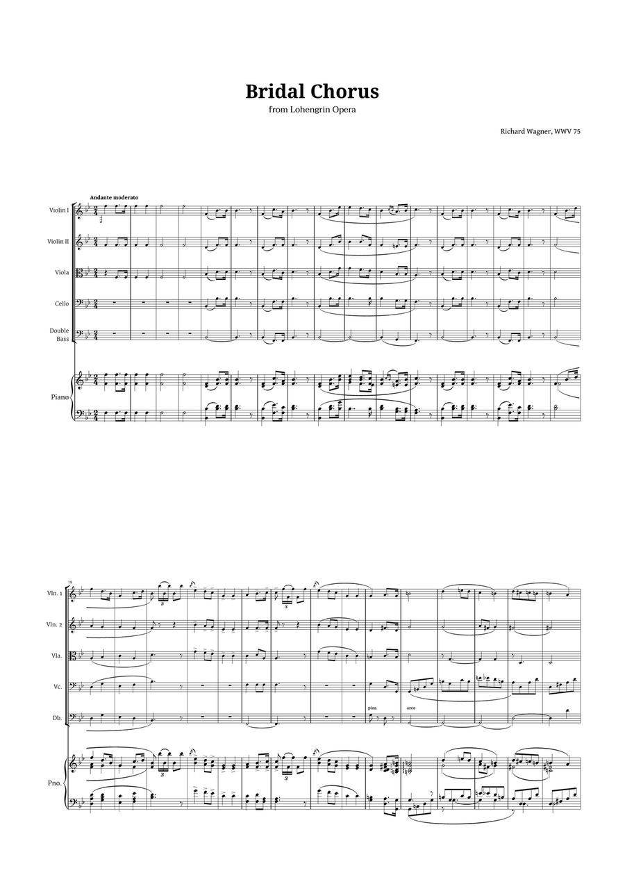 Bridal Chorus By Wagner For String Quintet And Piano By Richard Wagner
