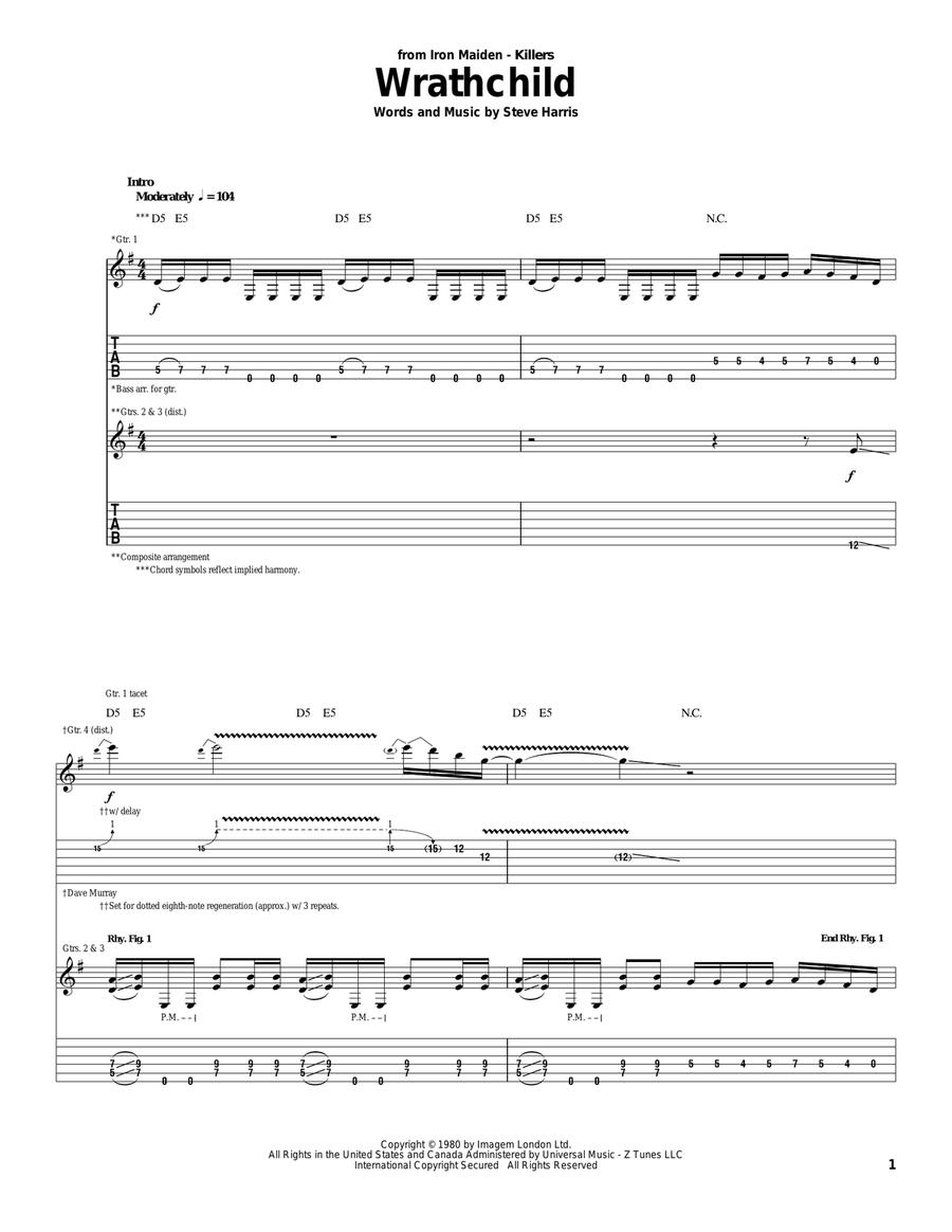 Wrathchild by Iron Maiden - Electric Guitar - Digital Sheet Music ...