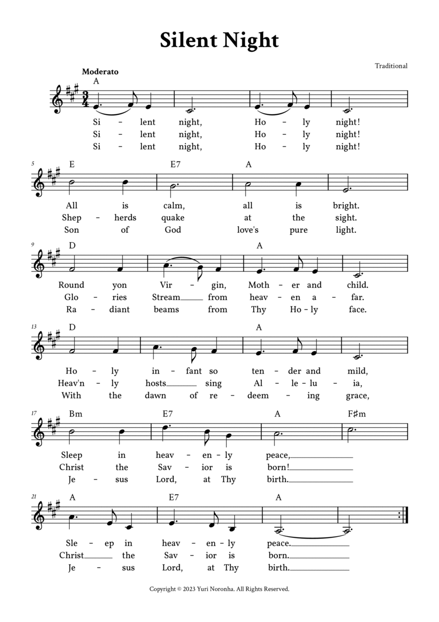 Silent Night - Lead Sheet (A Major) by Traditional - Easy Piano, C ...