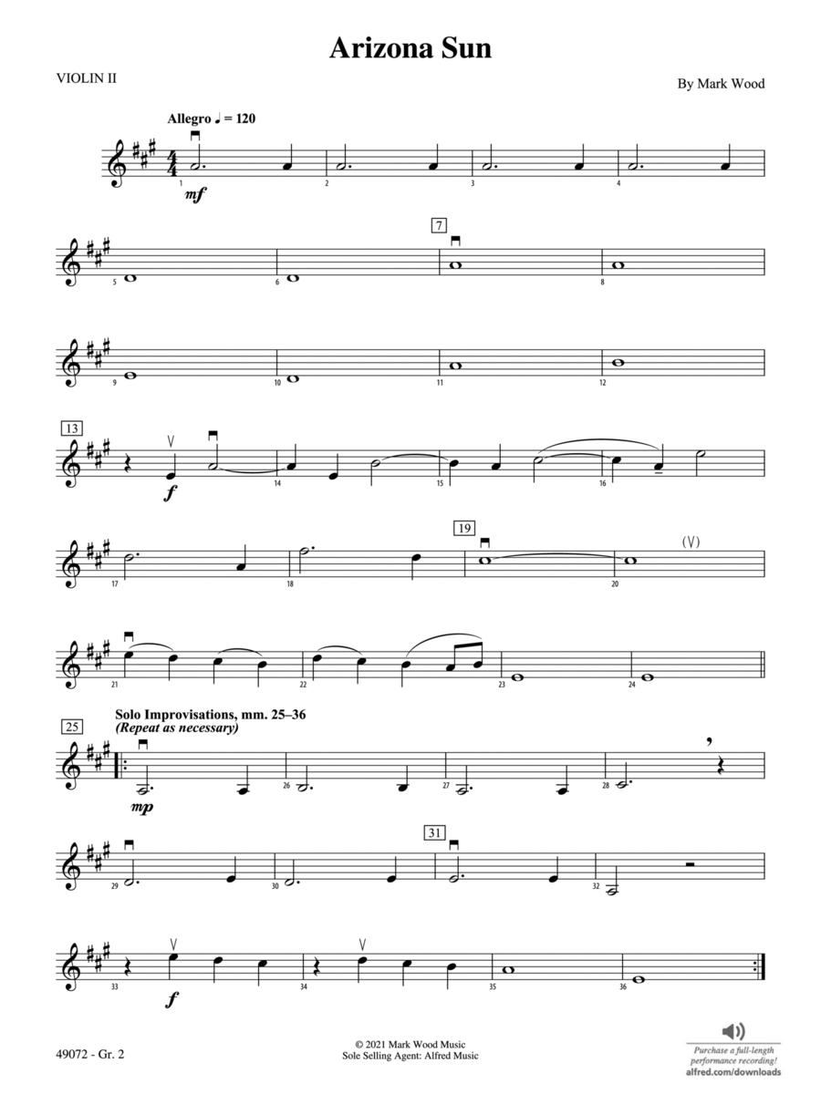 Arizona Sun: Violin 2 - Grade 2 by Mark Wood - String Orchestra ...