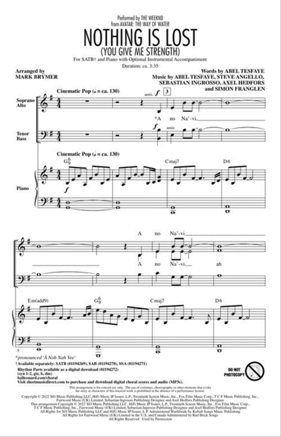 Nothing Is Lost You Give Me Strength By The Weeknd 4 Part Sheet