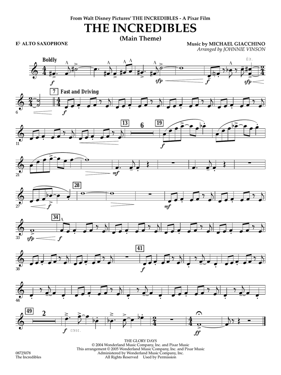 The Incredibles Main Theme Arr Johnnie Vinson Eb Alto Saxophone