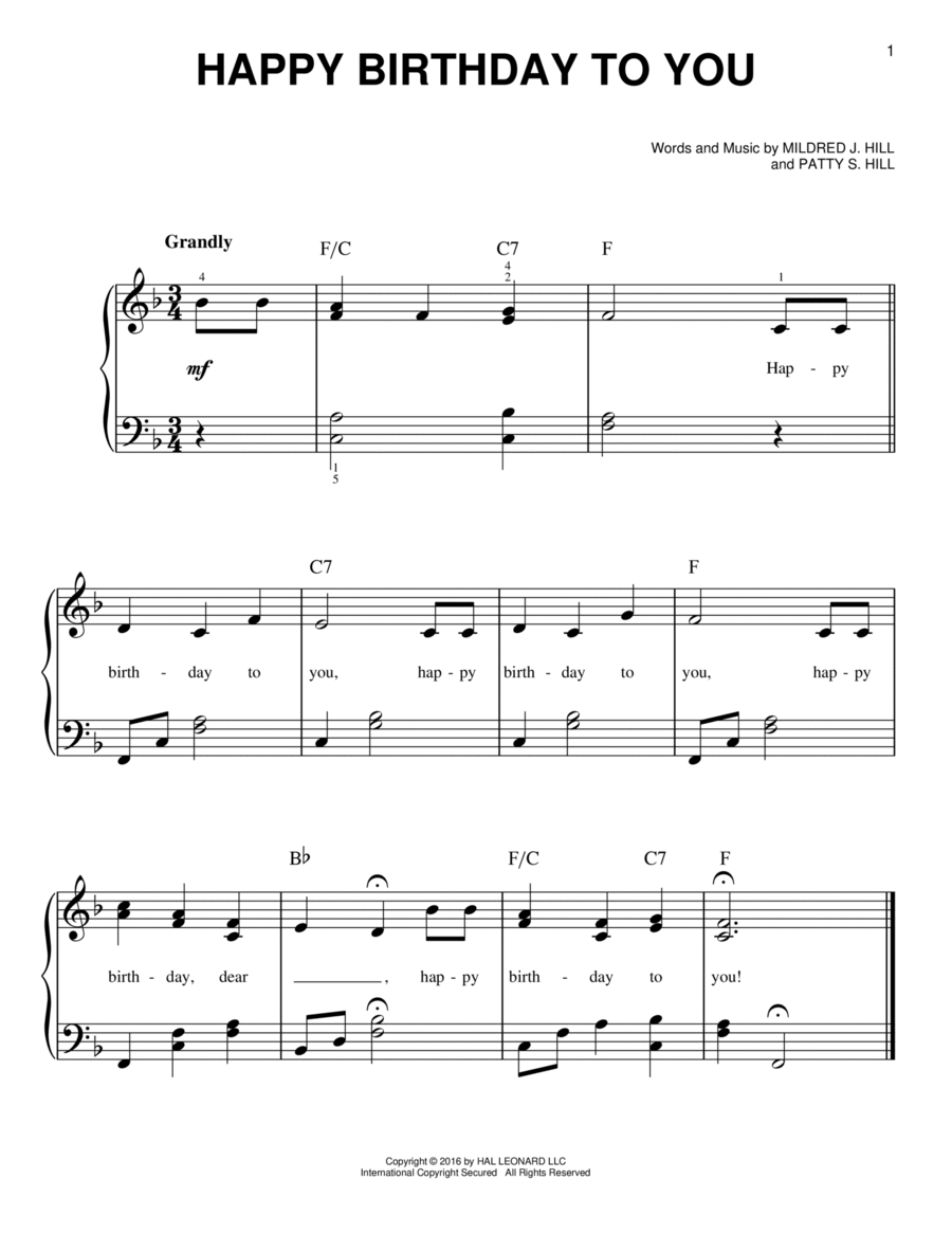 Happy Birthday To You By Mildred J Hill Easy Piano Digital Sheet
