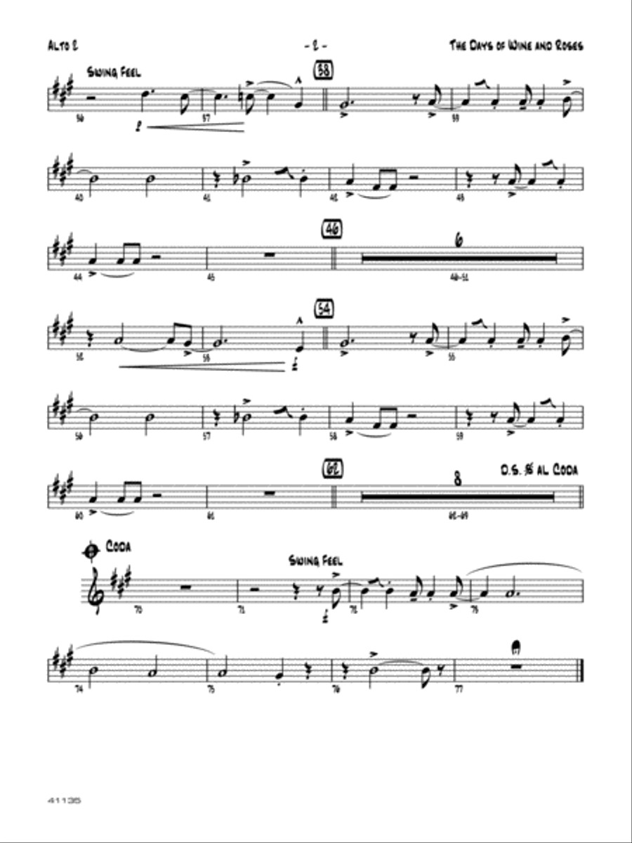 The Days Of Wine And Roses 2nd E Flat Alto Saxophone By Henry Mancini