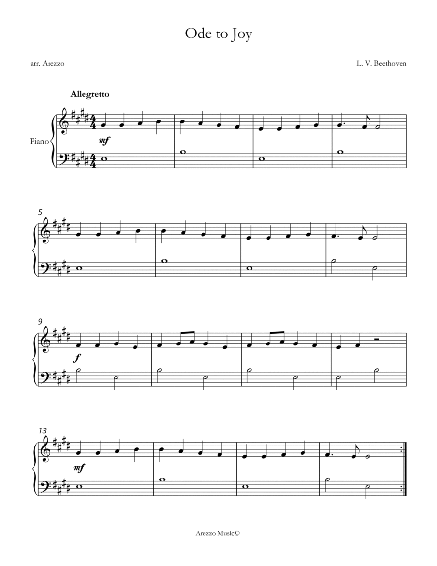 ode to joy easy piano sheet music in e major by Ludwig van Beethoven ...