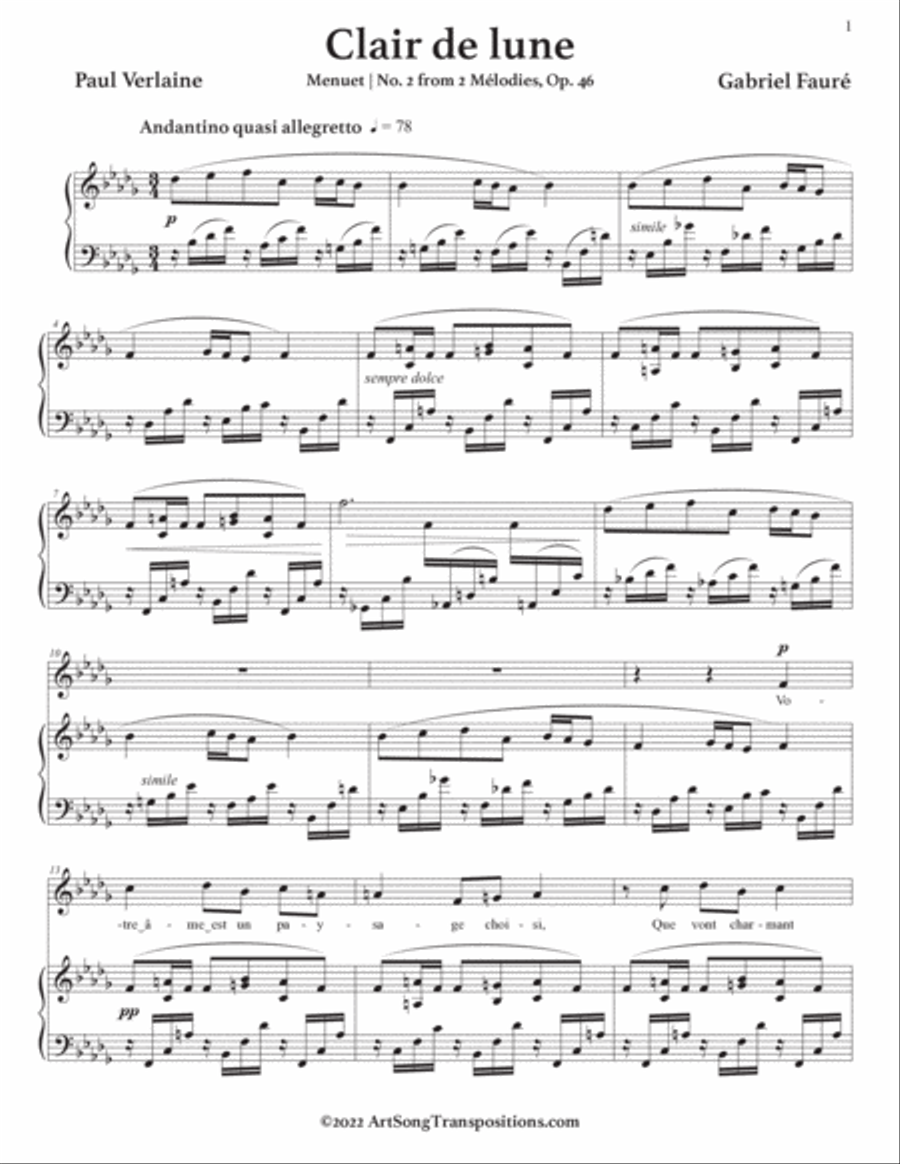 FaurÉ Clair De Lune Op 46 No 2 Transposed To B Flat Minor By