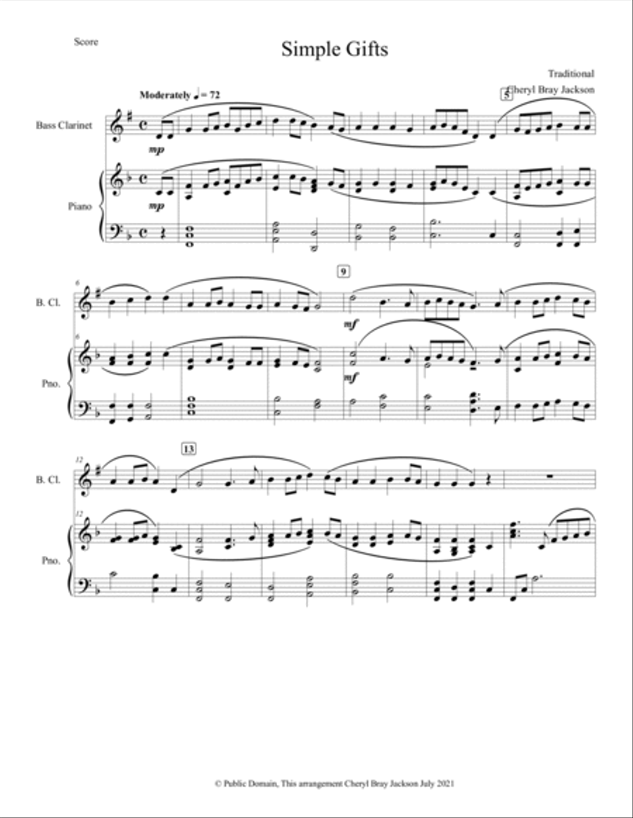 Simple Gifts for Bass Clarinet solo with piano accompaniment by ...