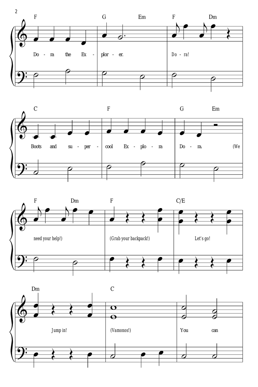 Dora The Explorer Theme Song - Easy Piano - Digital Sheet Music | Sheet ...