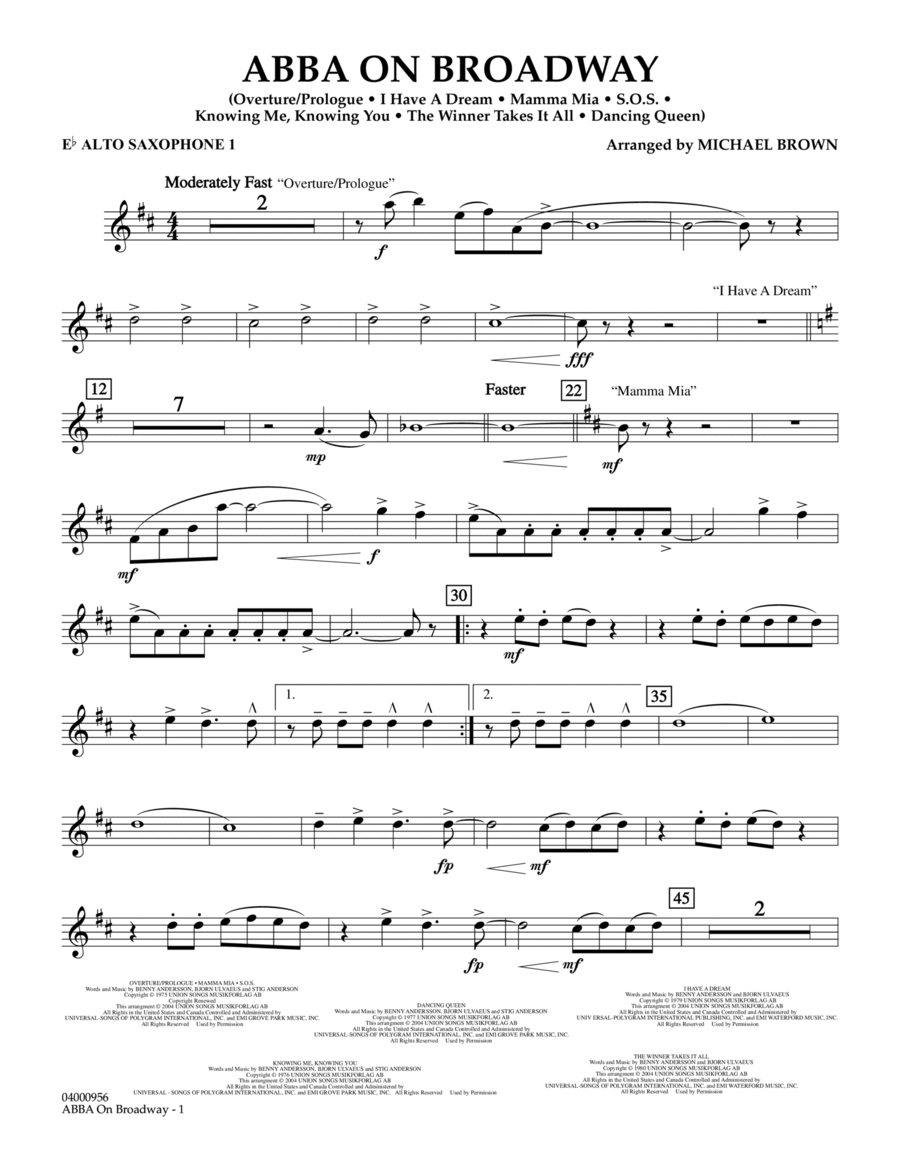 Abba On Broadway Arr Michael Brown Eb Alto Saxophone 1 By Abba
