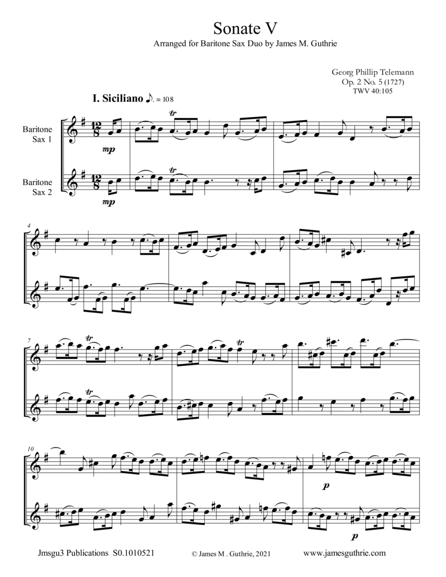Telemann: Sonata Op. 2 No. 5 for Baritone Sax Duo by James M. Guthrie ... Telemann: Sonata Op. 2 No. 5 for Baritone Sax Duo by James M. Guthrie ...