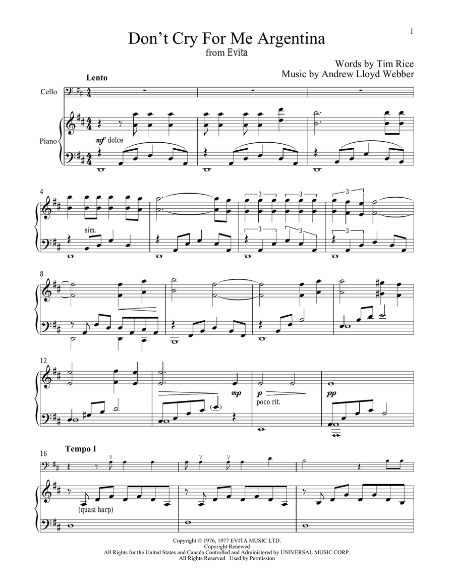 Dont Cry For Me Argentina From Evita By Madonna Cello Solo