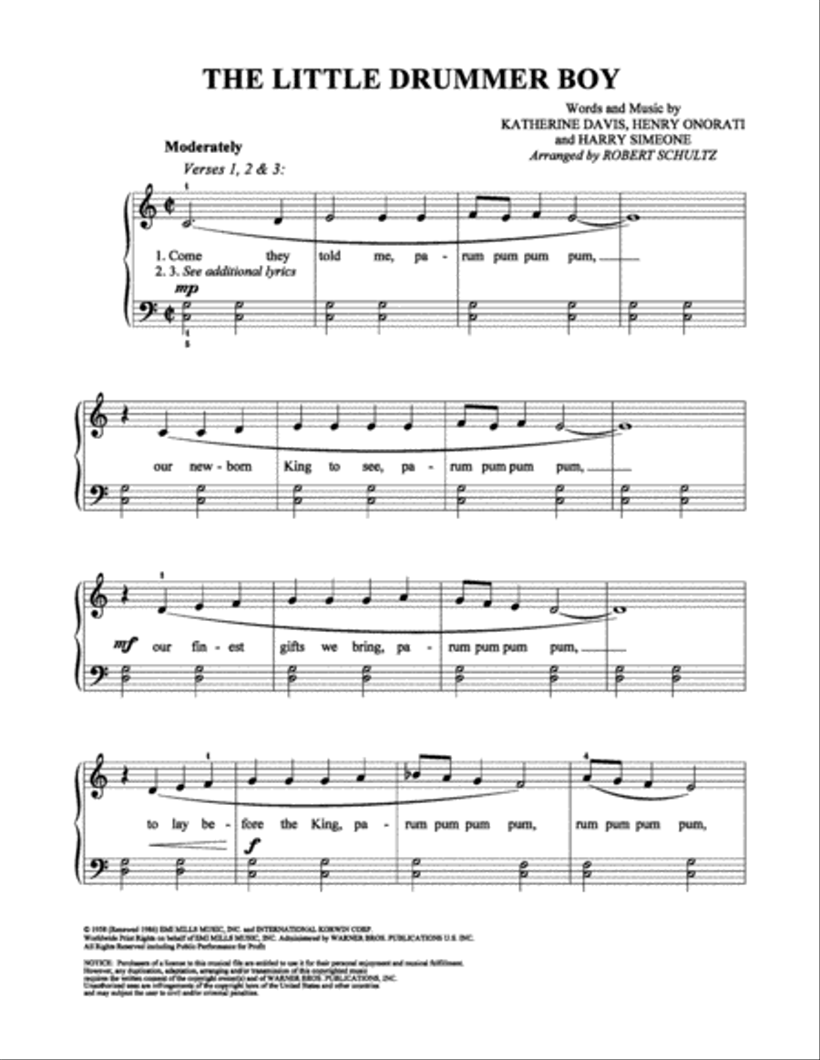 The Little Drummer Boy by Henry Onorati - Easy Piano - Digital Sheet ...