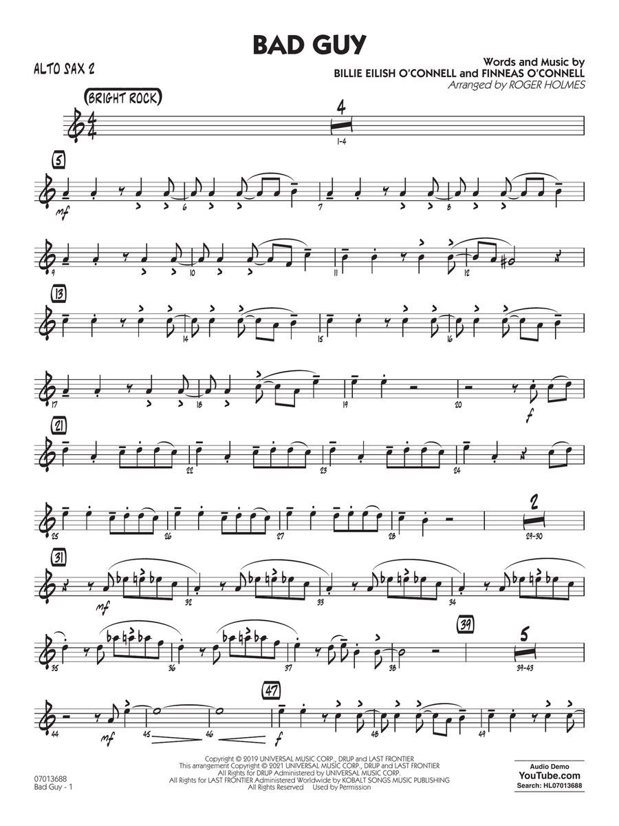 Bad Guy (arr. Roger Holmes) - Alto Sax 2 by Billie Eilish - Jazz ...