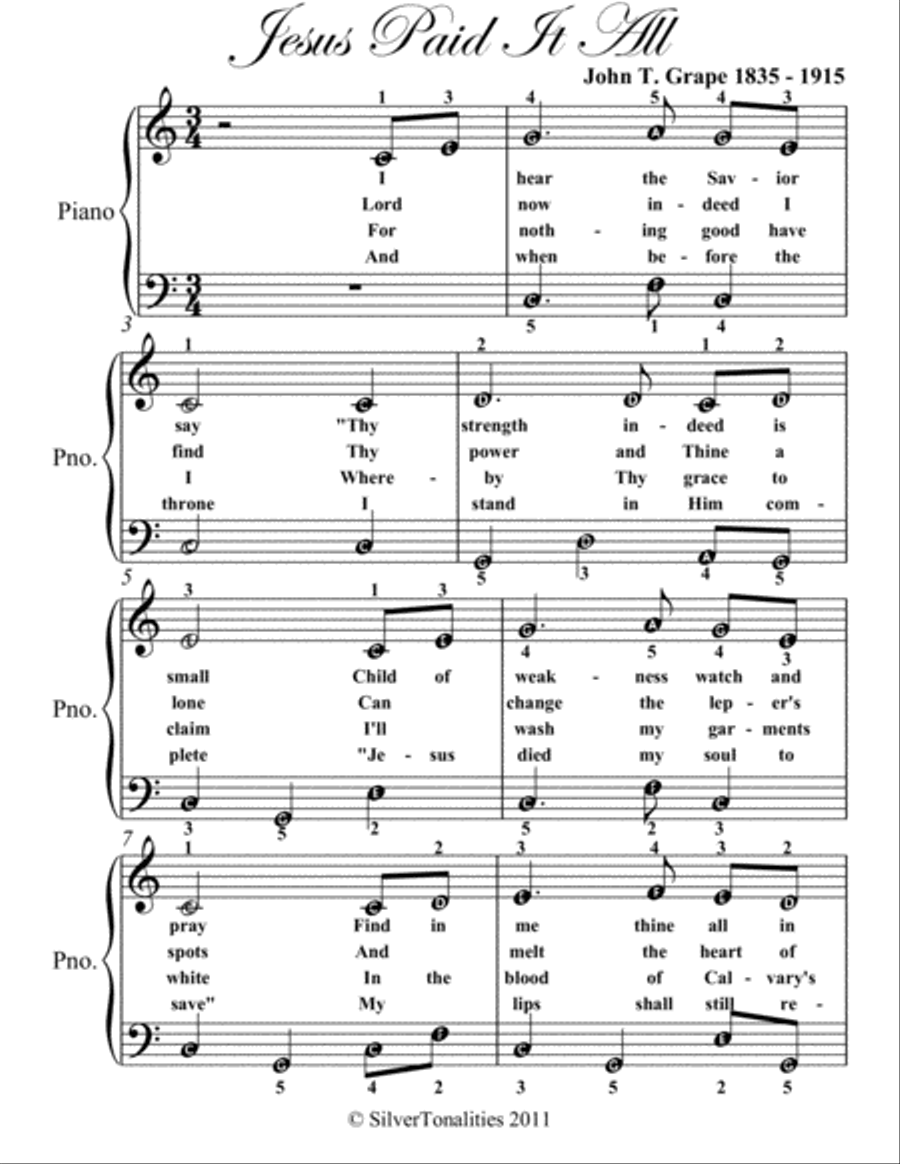 Jesus Paid It All Easy Piano Sheet Music By Silvertonalities Easy