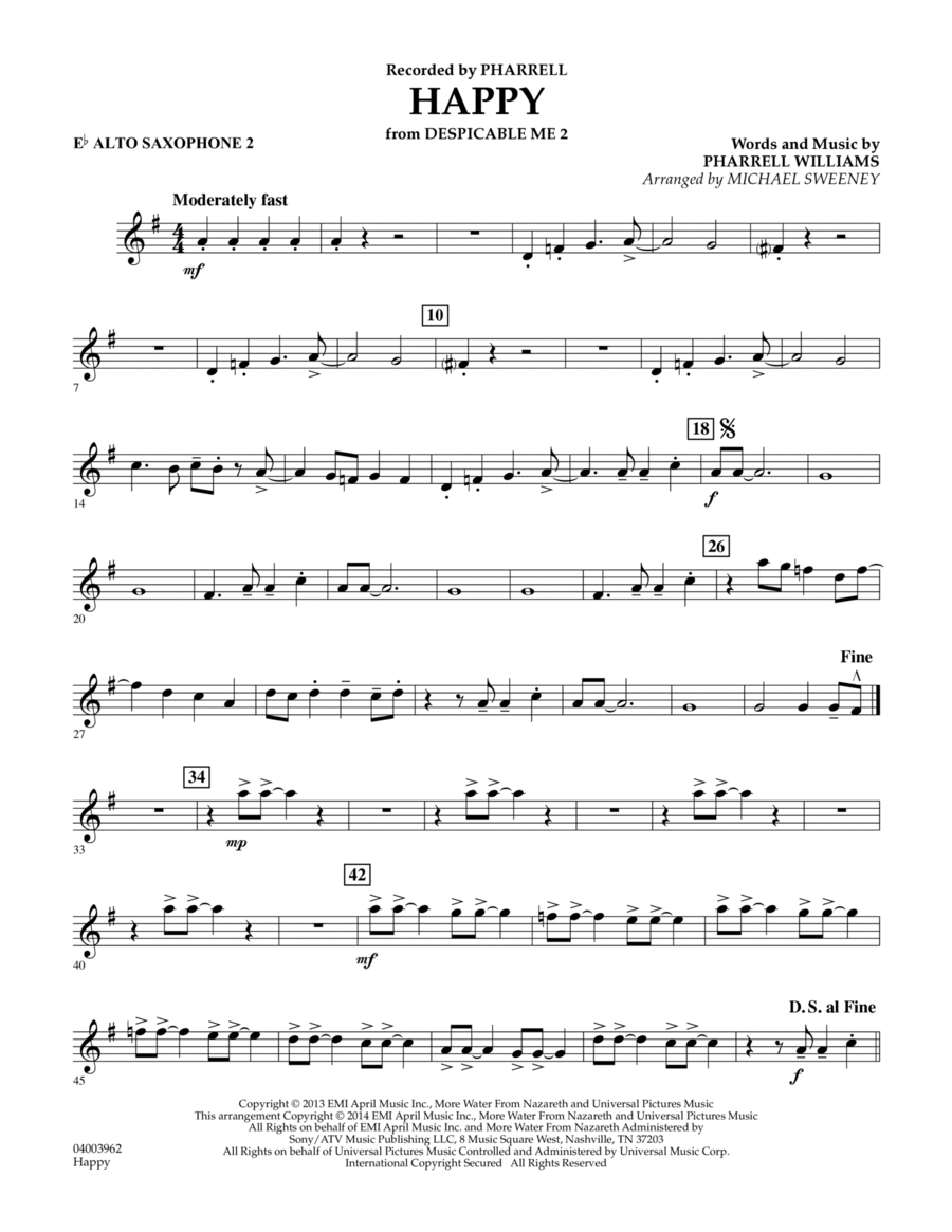 Happy (from Despicable Me 2) - Eb Alto Saxophone 2 by Pharrell - Alto ...