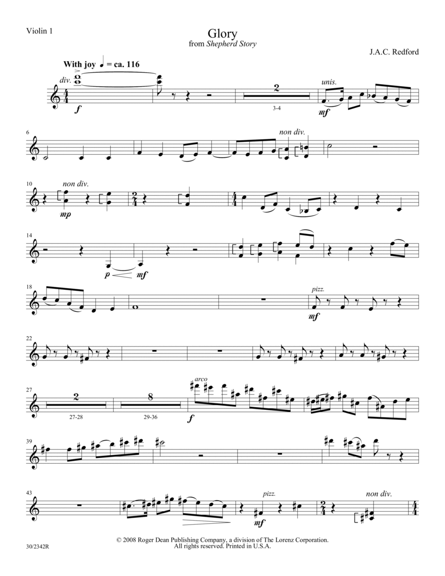 Glory Violin 1 By Jac Redford Choir Violin Digital Sheet