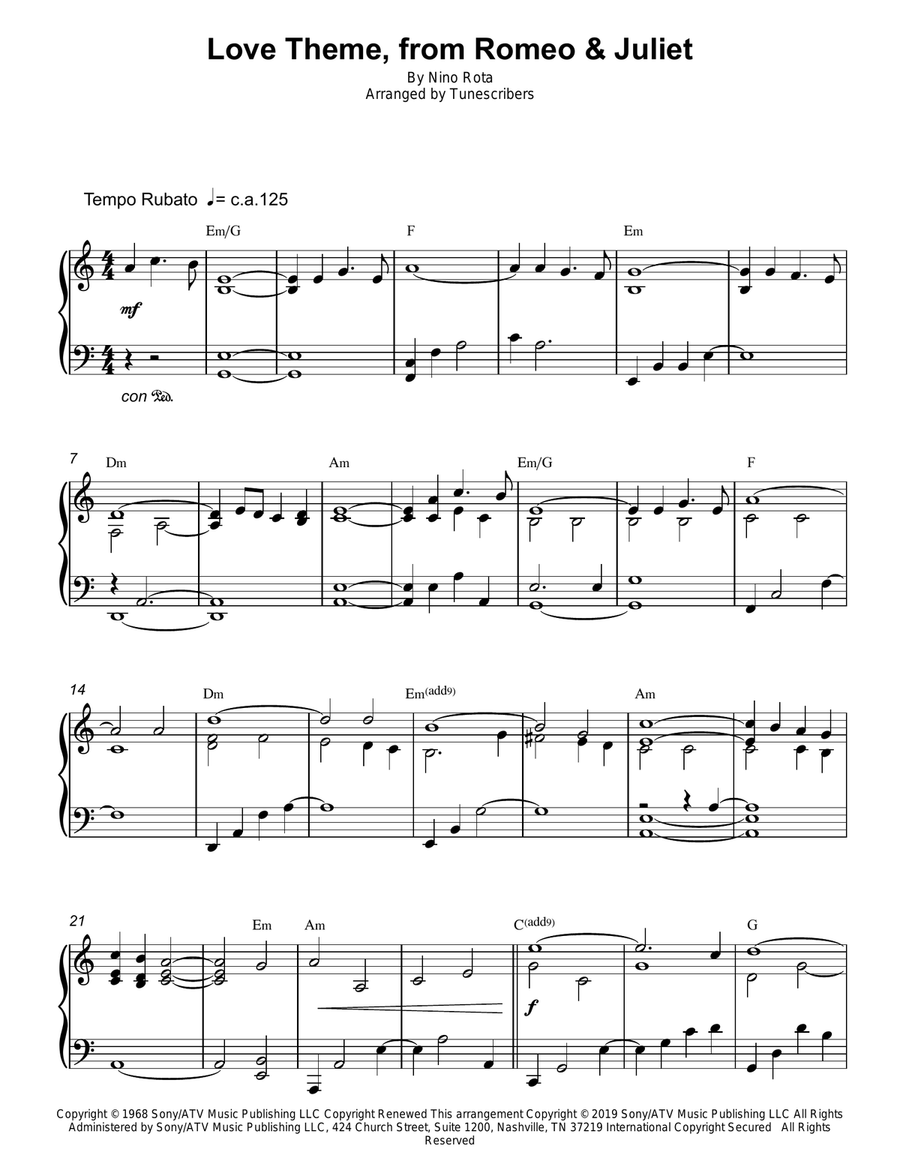 Love Theme, from Romeo & Juliet - Piano Solo - Digital Sheet Music ...