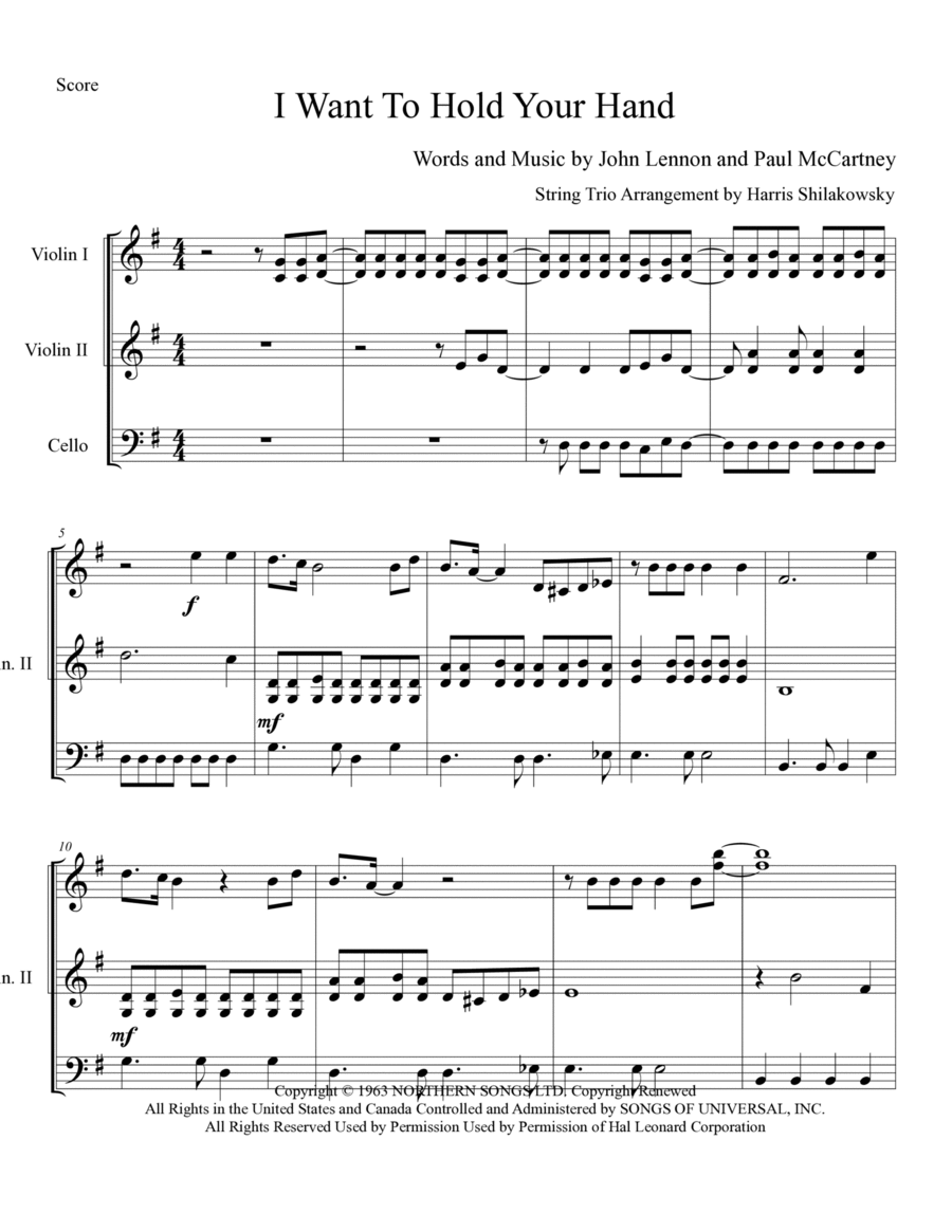 I Want To Hold Your Hand By The Beatles String Trio Digital Sheet