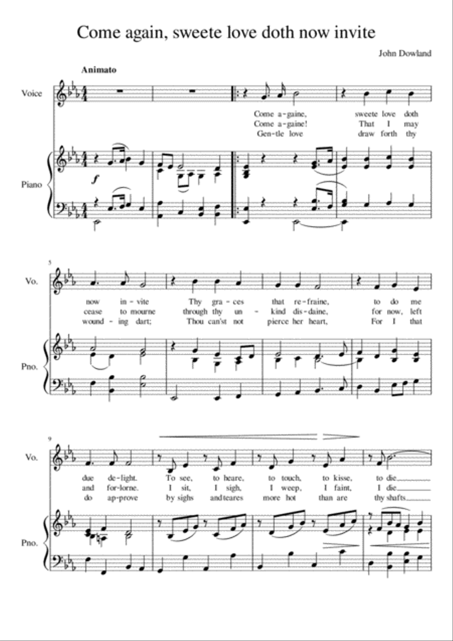 Come again - Eb Major by John Dowland - Voice Solo - Digital Sheet Music | Sheet Music Plus