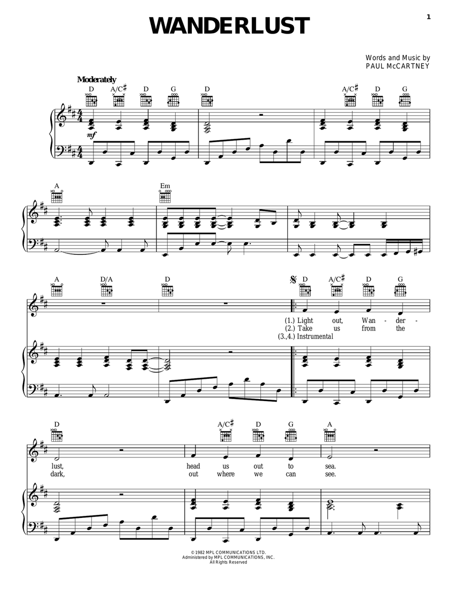 Wanderlust By Paul Mccartney Piano Vocal Guitar Digital Sheet