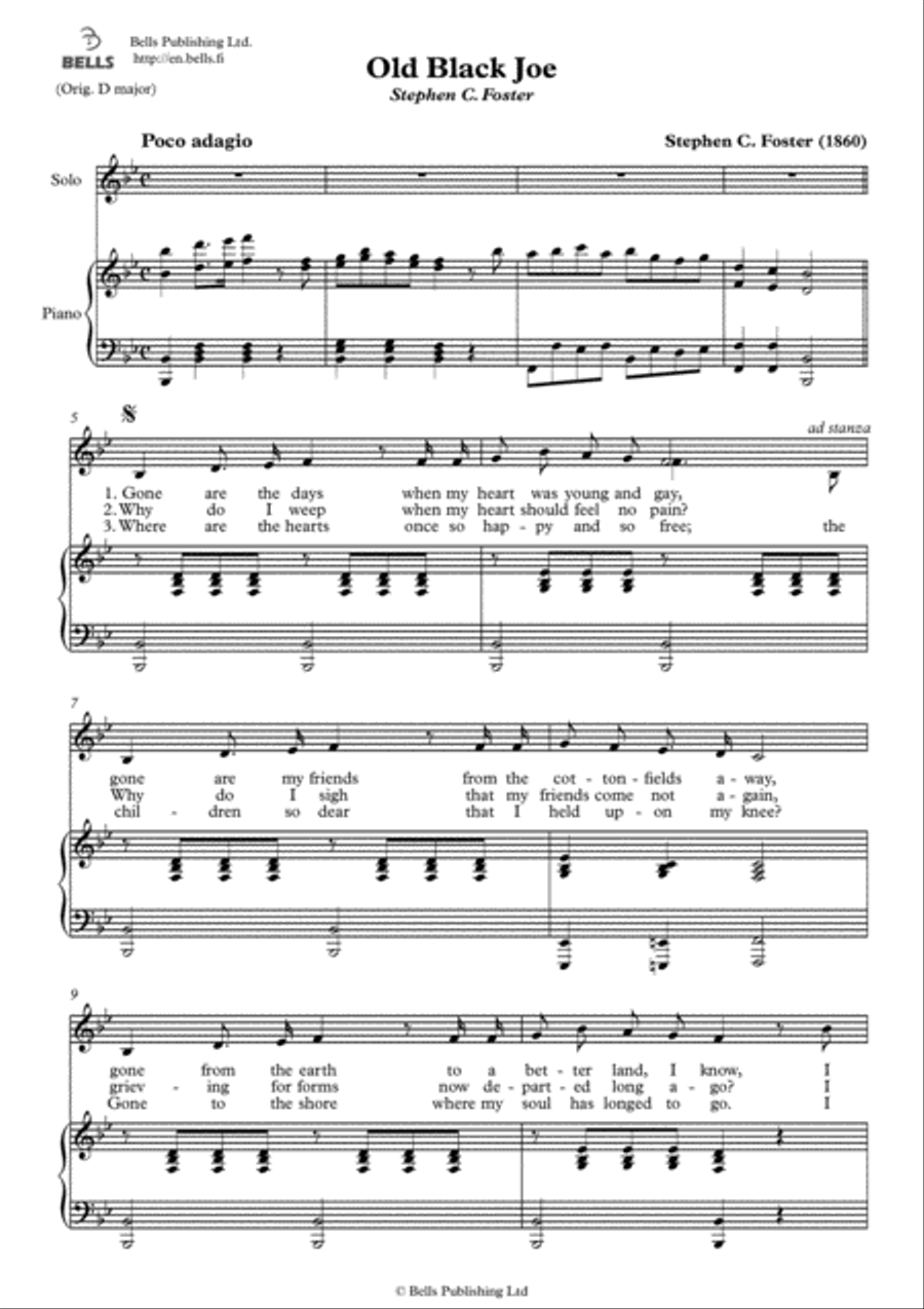 Old Black Joe (B-flat Major) by Stephen Foster - TTB - Digital Sheet ...