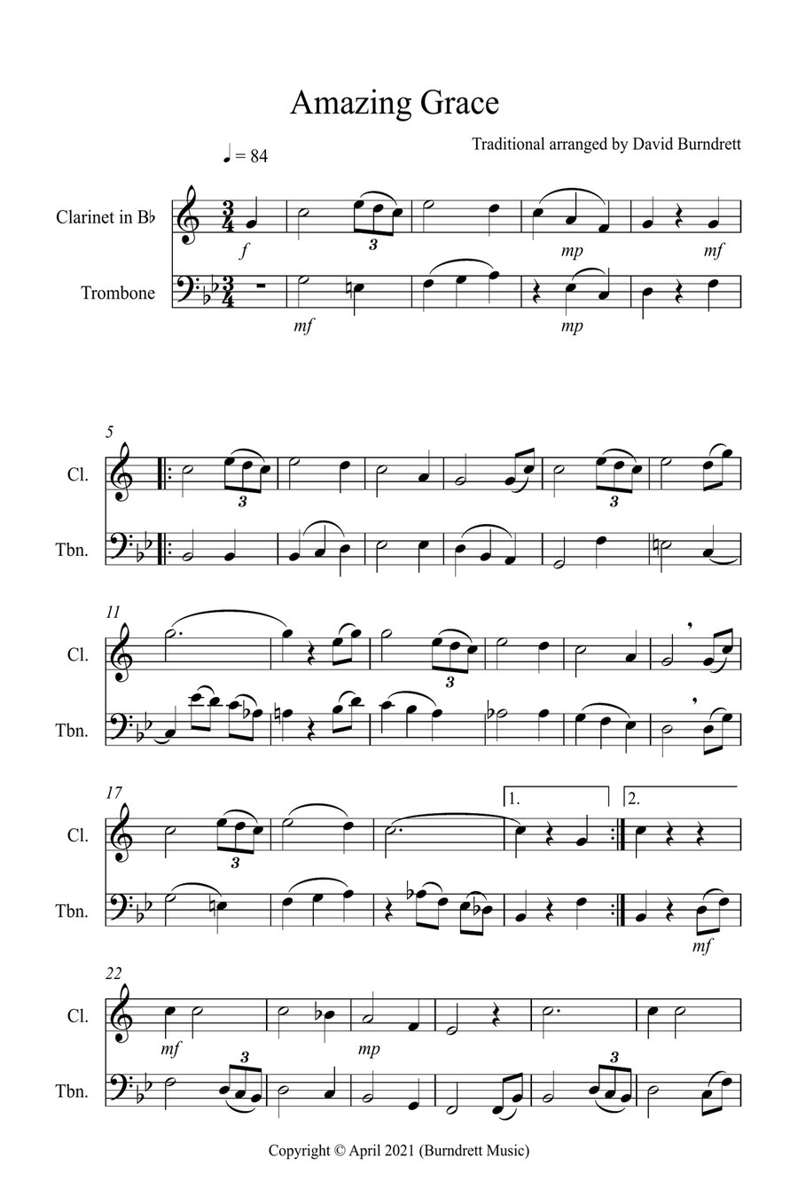 Amazing Grace For Clarinet And Trombone Duet By Traditional B Flat
