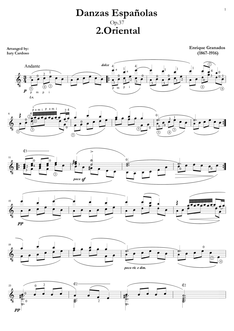 Guitar arrangement of the "Spanish dance No.2" (Danza Española n°2 "Oriental") by Enrique ...