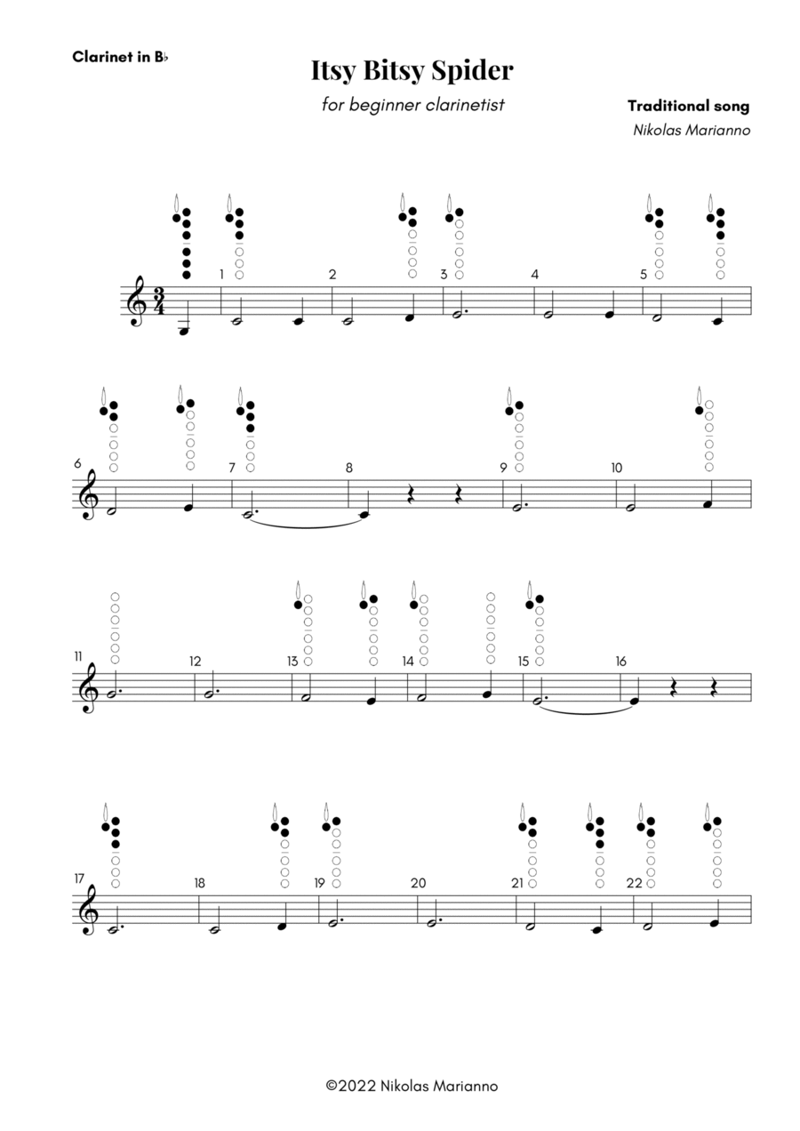 Itsy Bitsy Spider for beginner clarinetist with finger chart - B-Flat ...