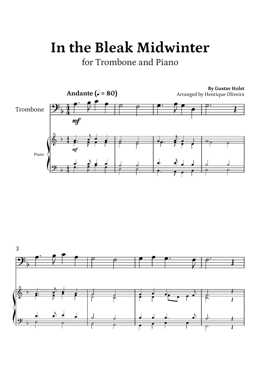 In The Bleak Midwinter Trombone And Piano Beginner Level By Gustav
