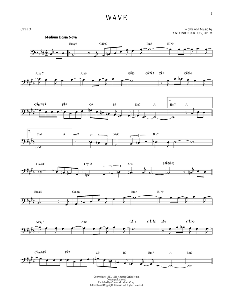 Wave By Antonio Carlos Jobim Cello Solo Digital Sheet Music Sheet