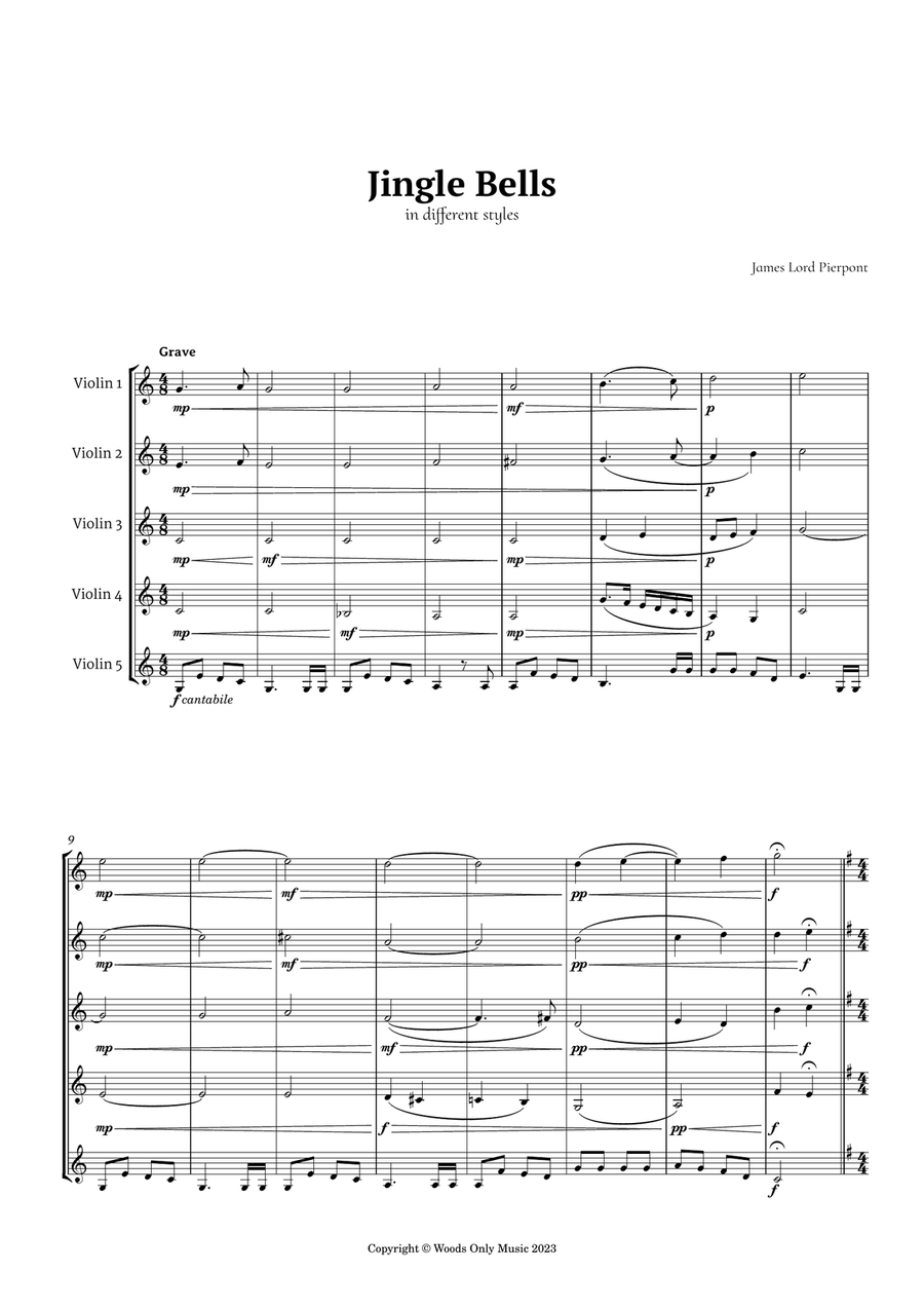 Jingle Bells in Different Styles for Violin Quintet - String Quintet ...