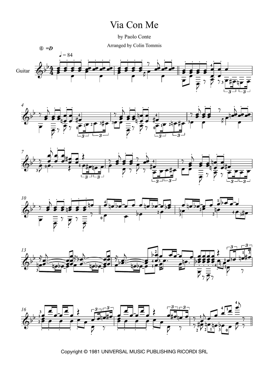 Via Con Me by Paolo Conte - Guitar Solo - Digital Sheet Music | Sheet ...