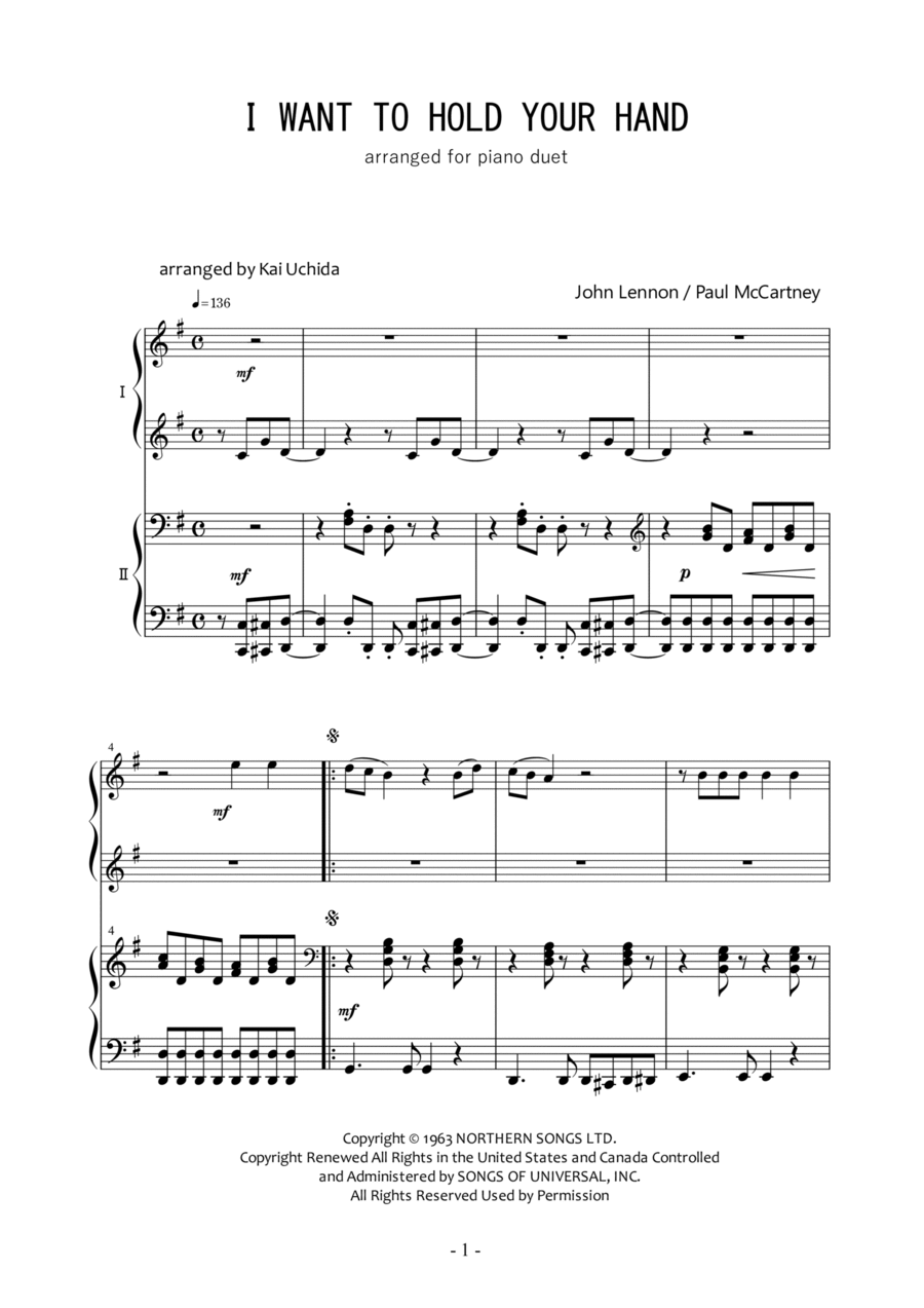 I Want To Hold Your Hand By The Beatles 1 Piano 4 Hands Digital