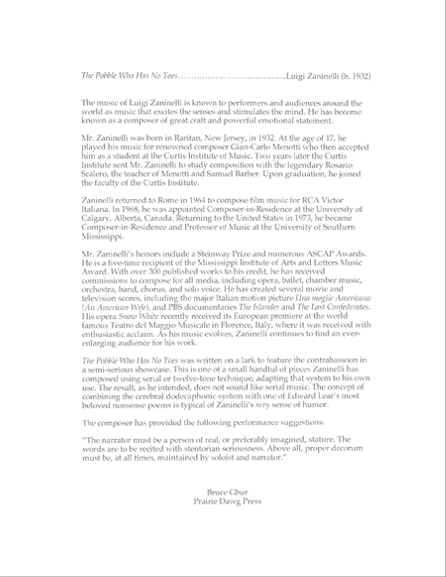 The Pobble Who Has No Toes by Luigi Zaninelli - Bassoon - Sheet Music ...