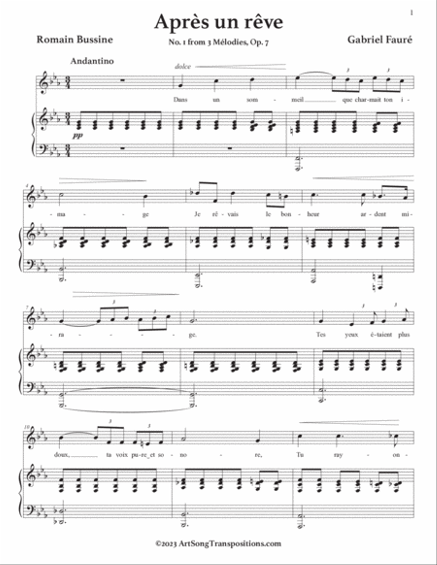FaurÉ Après Un Rêve Op 7 No 1 Transposed To C Minor And B Minor